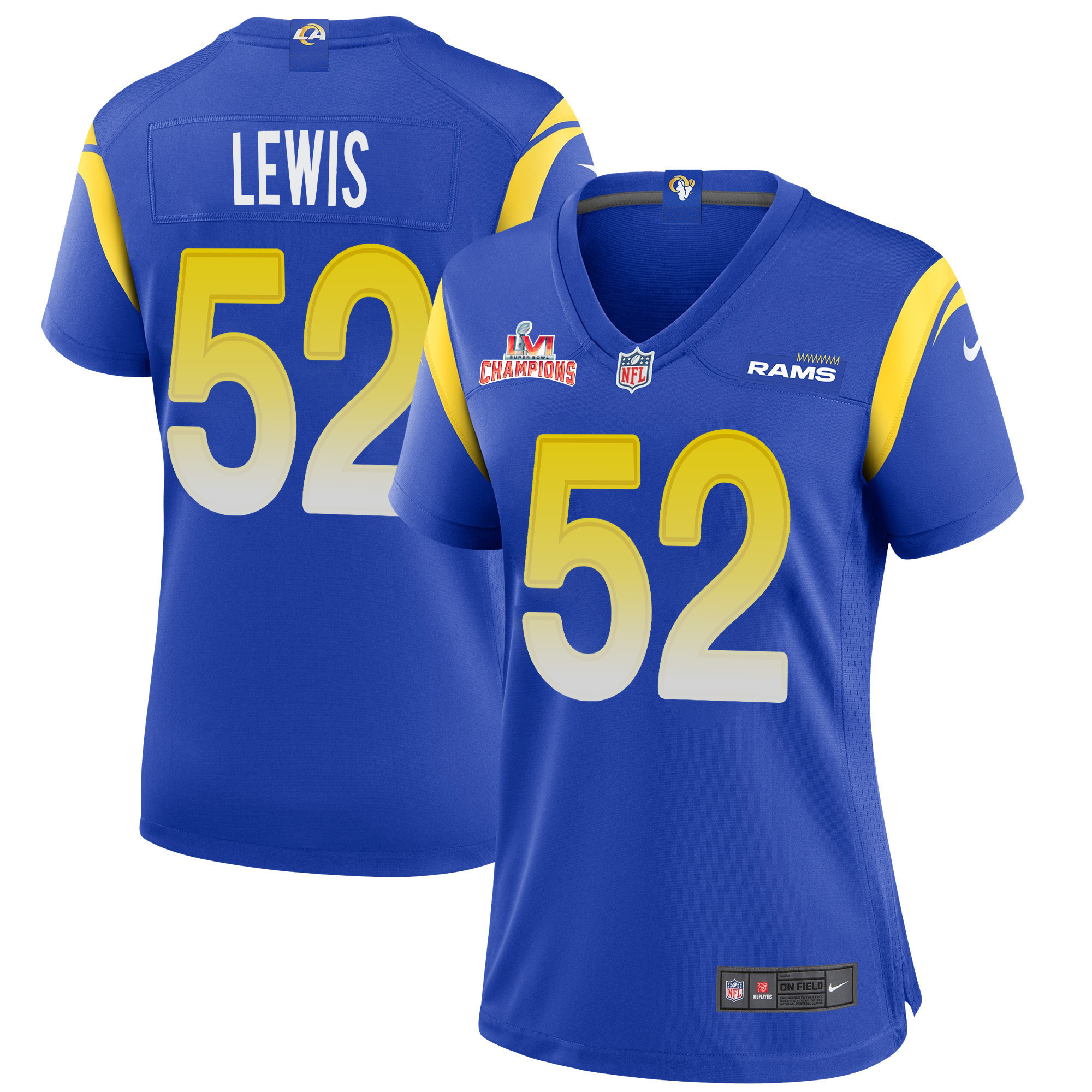 Super Bowl LVI Champions Los Angeles Rams Terrell Lewis 52 Royal Women ...