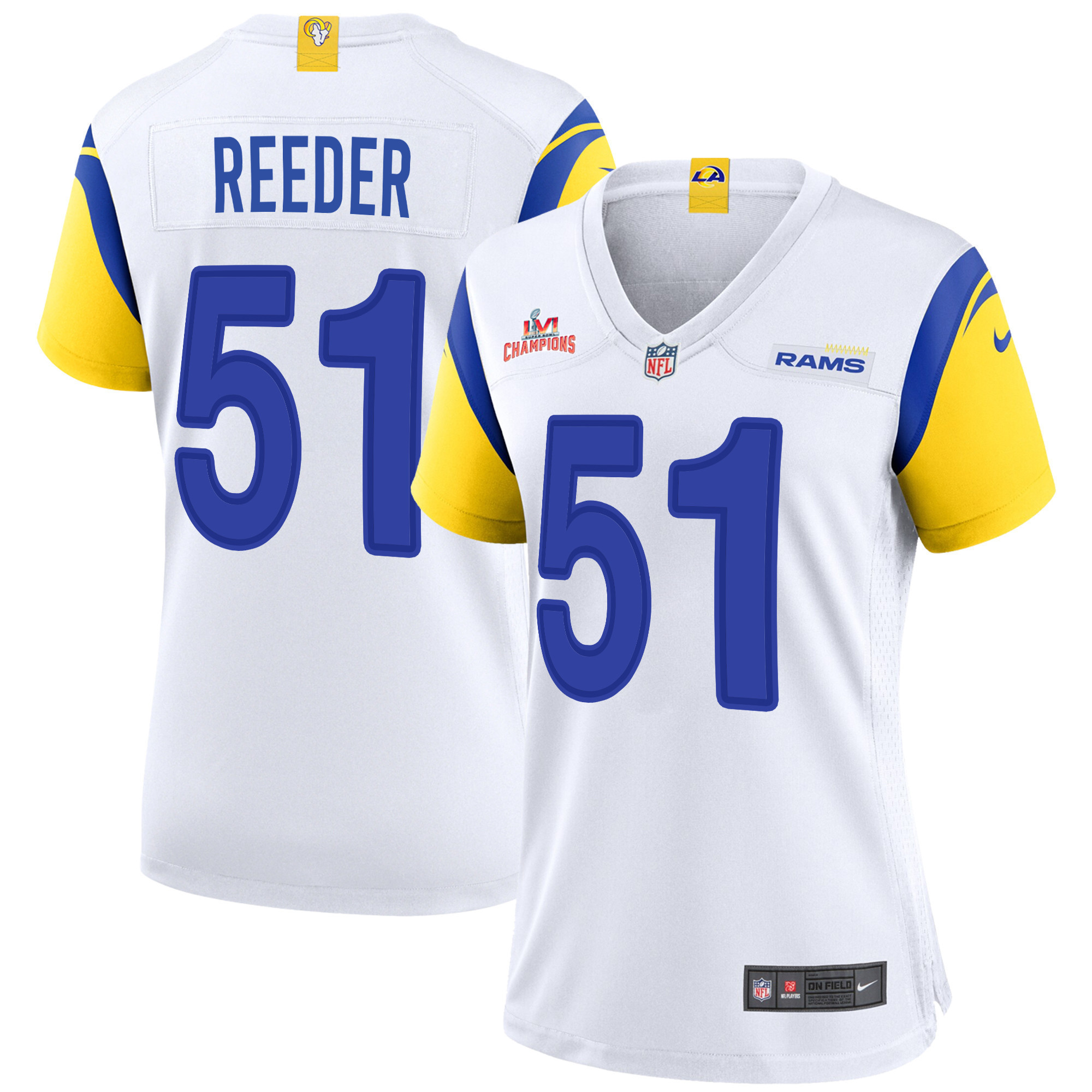Super Bowl LVI Champions Los Angeles Rams Troy Reeder 51 White Women's ...